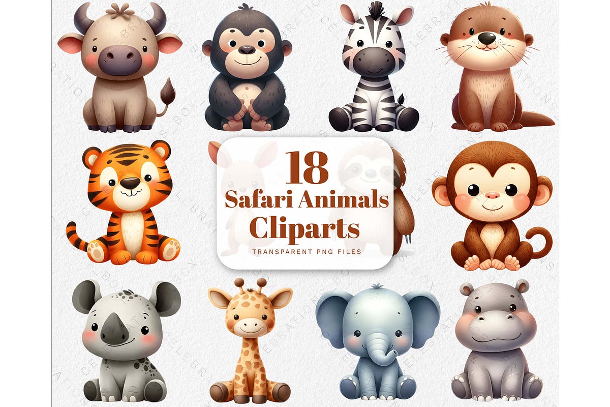 Watercolor Cute Safari Animals Clipart (Printable Illustrations) | by ...