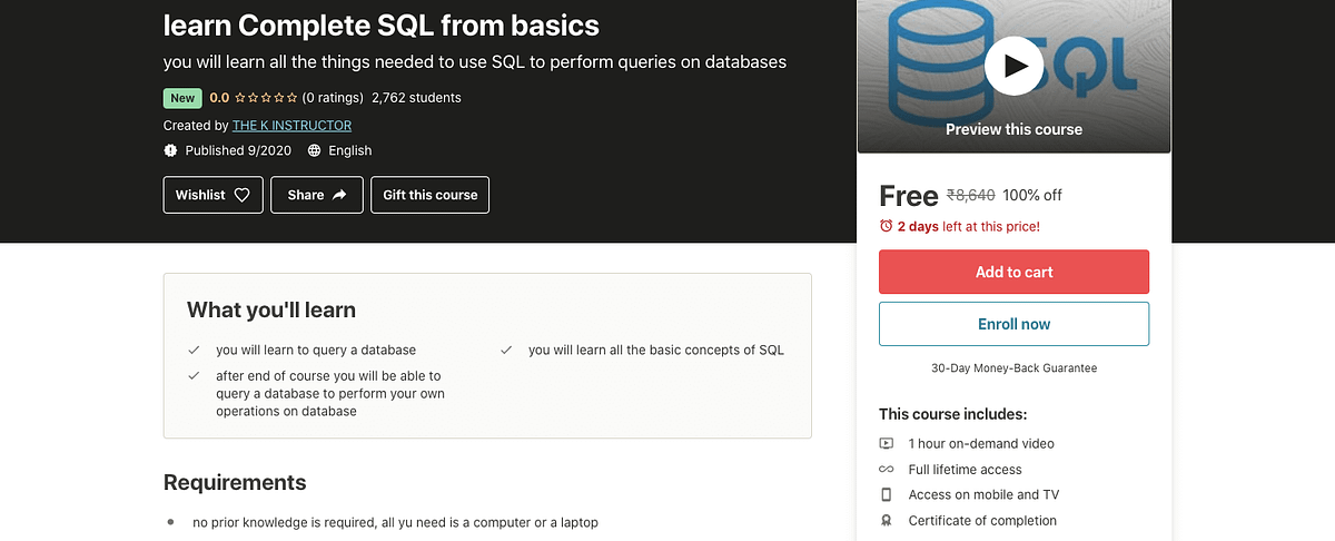 Free Learn Complete Sql From Basics Certification Course By Freshercooker