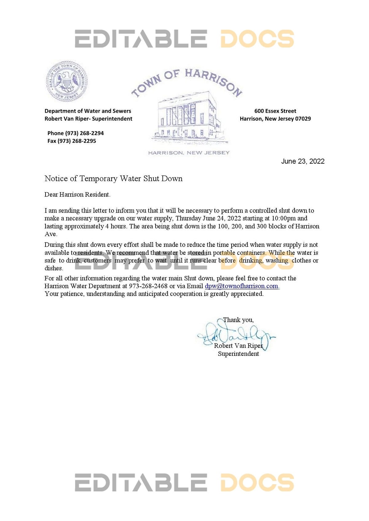 USA New Jersey Town of Harrison utility water shut off notice, Word and ...