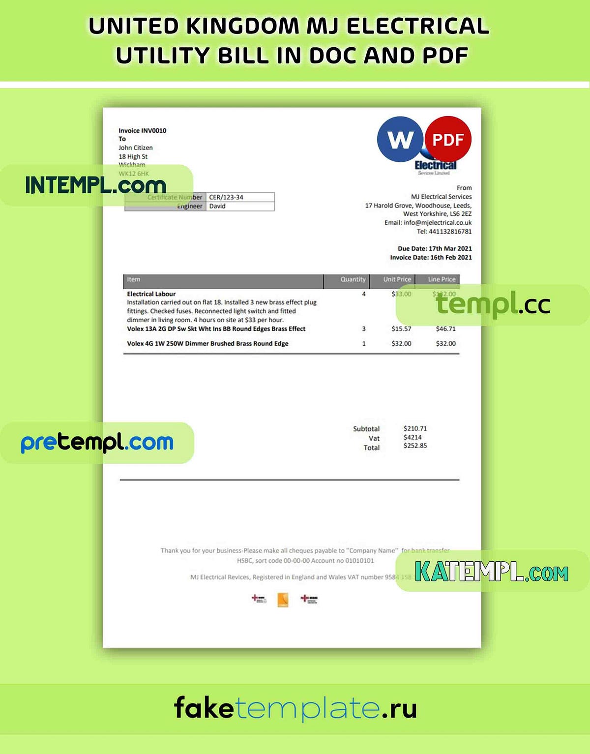 United Kingdom MJ Electrical proof of address utility bill, PDF and Word download template | by ...