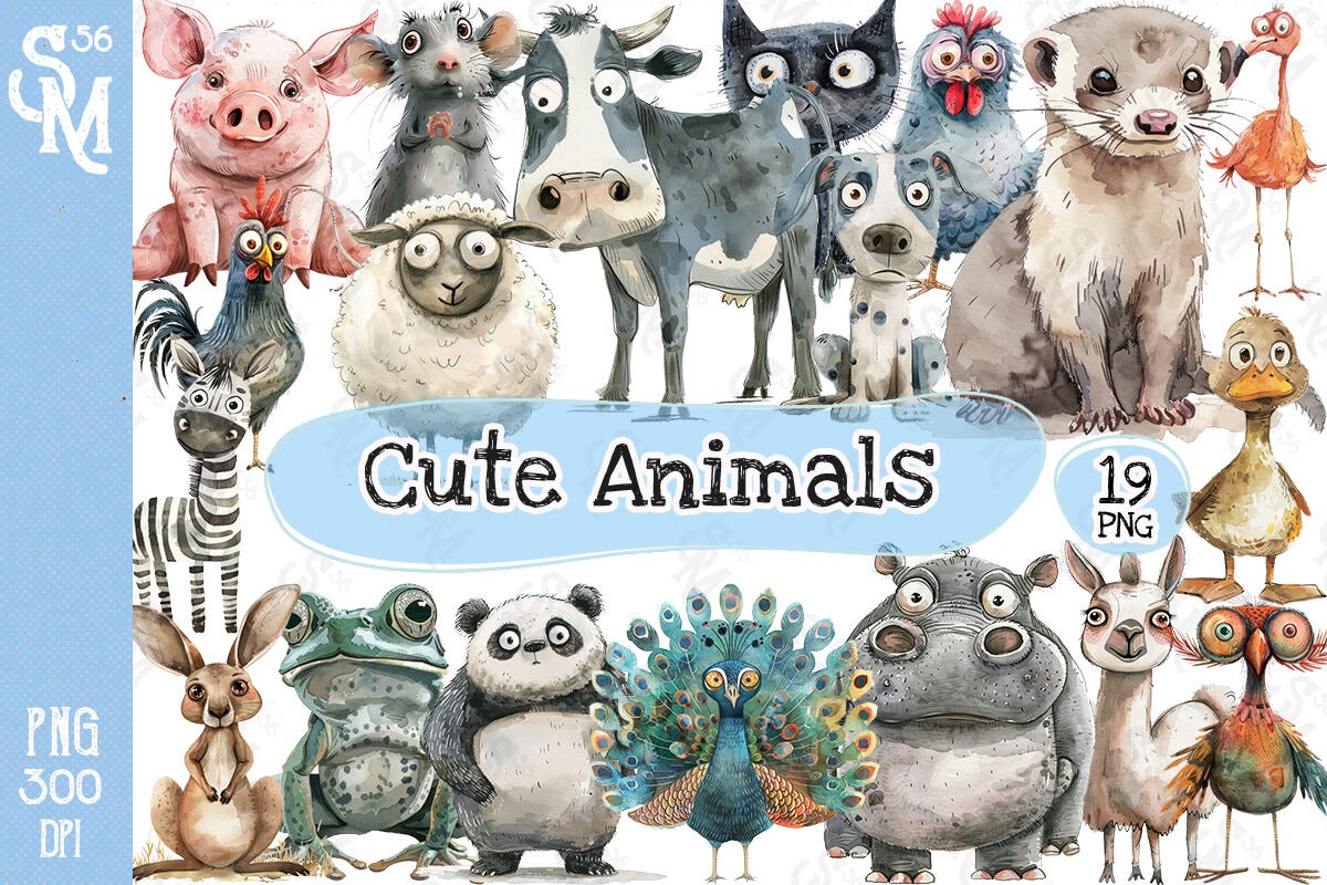 Cute Animals Clipart PNG Graphics - Bytebelle - Medium