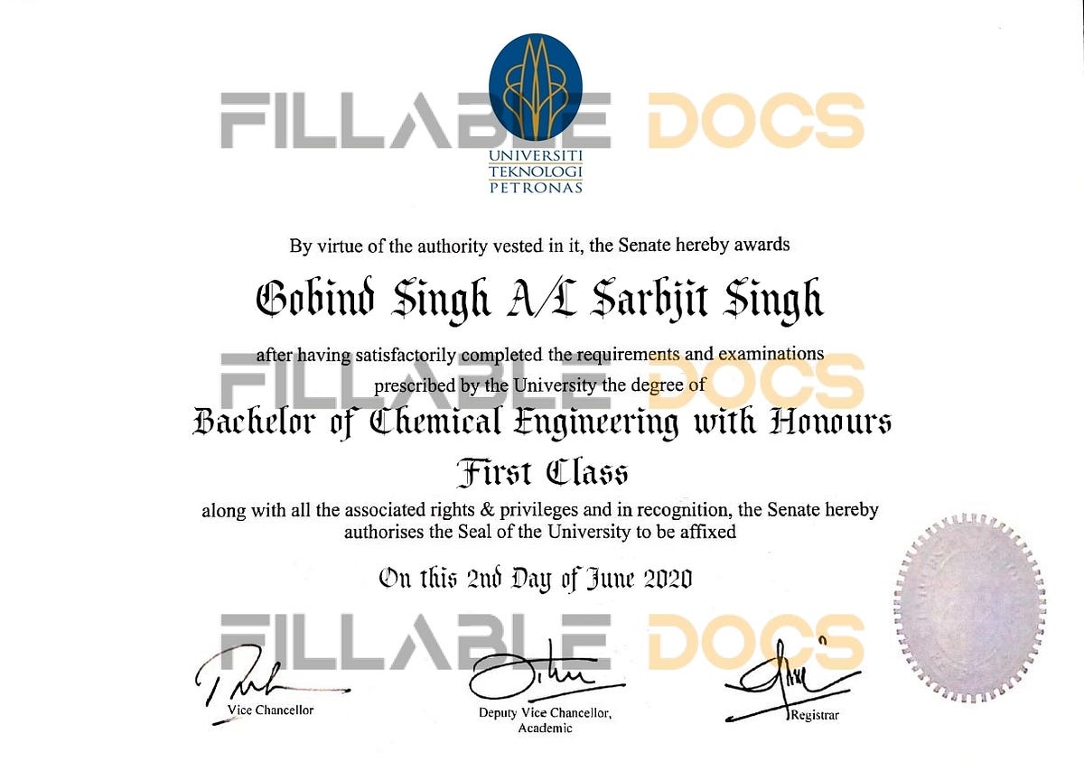 Fake Certificate from University Teknologi Petronas Template ...
