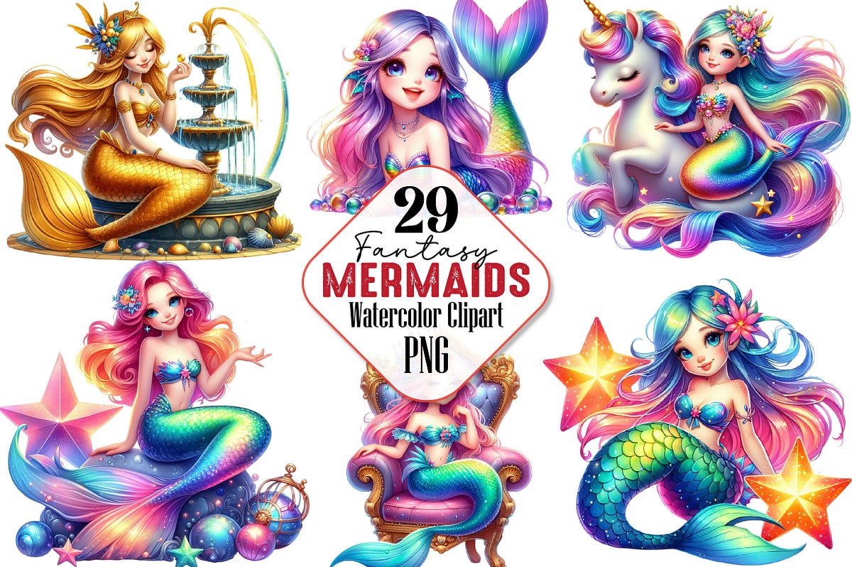 Fantasy Mermaids Sublimation Clipart PNG (Printable Illustrations) | by ...