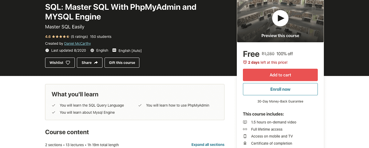 SQL: Master SQL With PhpMyAdmin and MYSQL Engine Free Course Title Name: SQL: Master SQL With ...