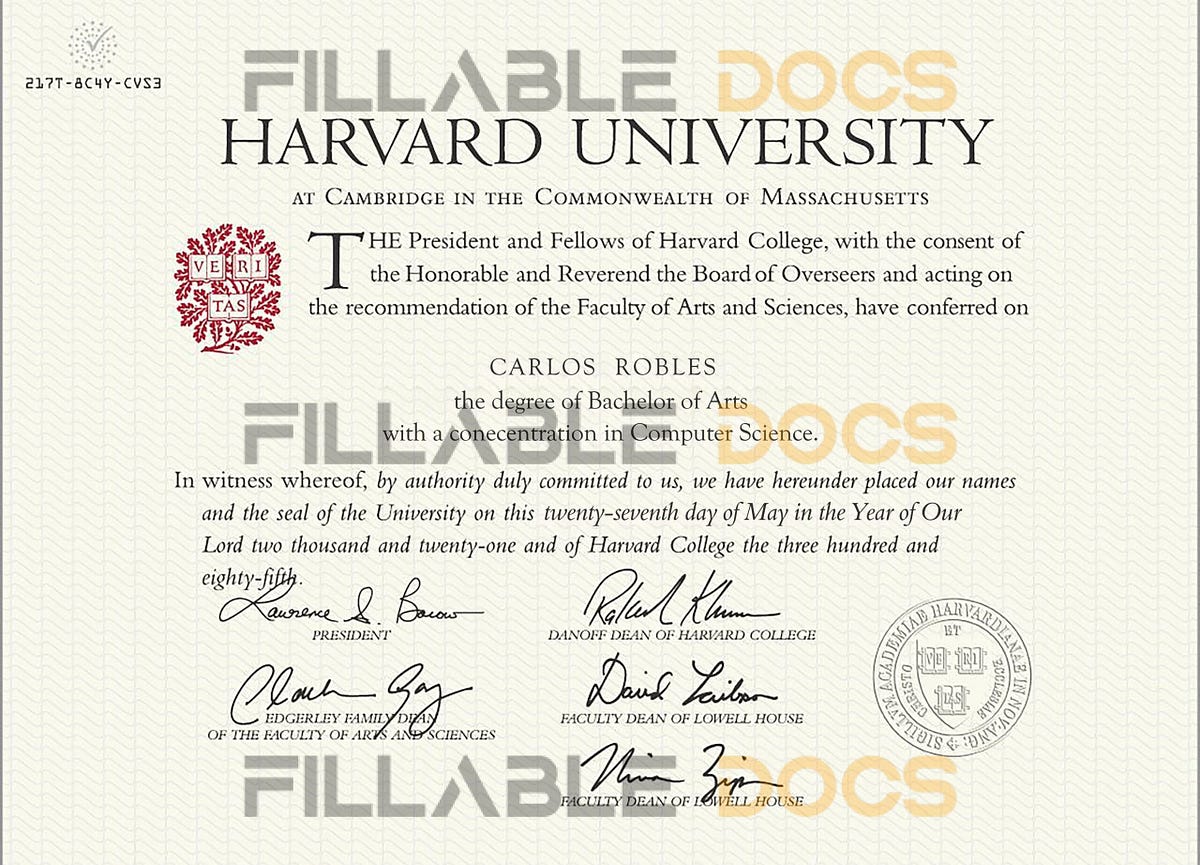 Fake Certificate from Harvard University Template - Fillabledocs Cc ...