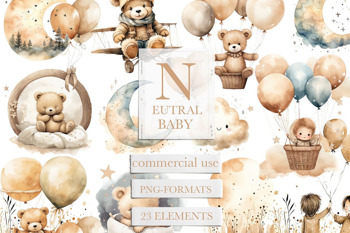 Neutral Baby Clipart, Baby Teddy Bear (Printable Illustrations) | by ...