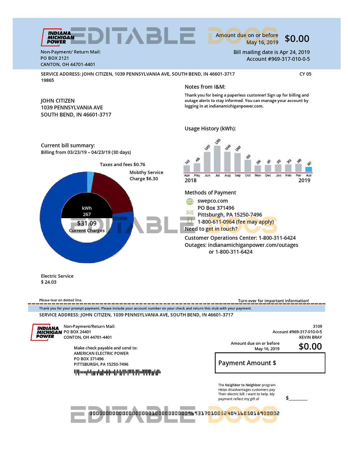 USA Indiana electricity utility bill template in Word and PDF format ...