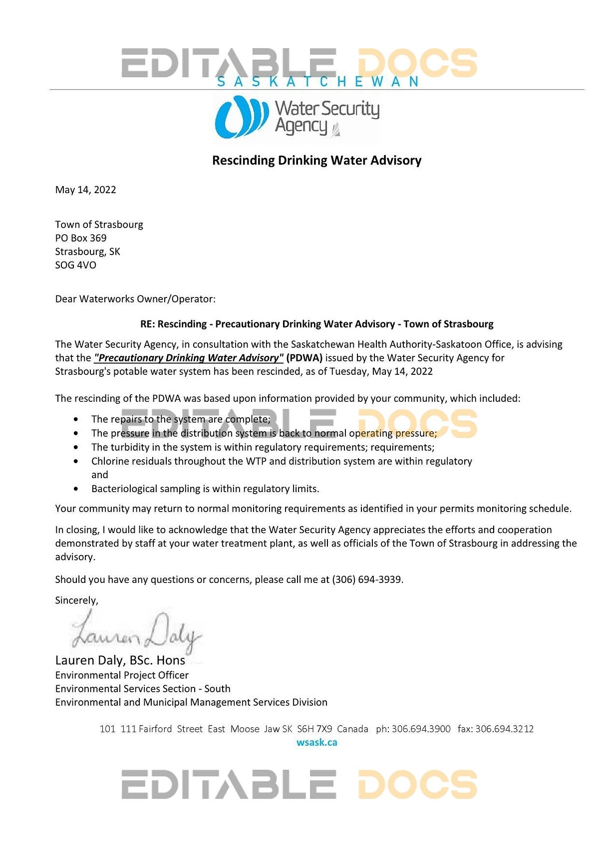 Canada Saskatchewan Strasbourg Water Security Agency water utility shut ...