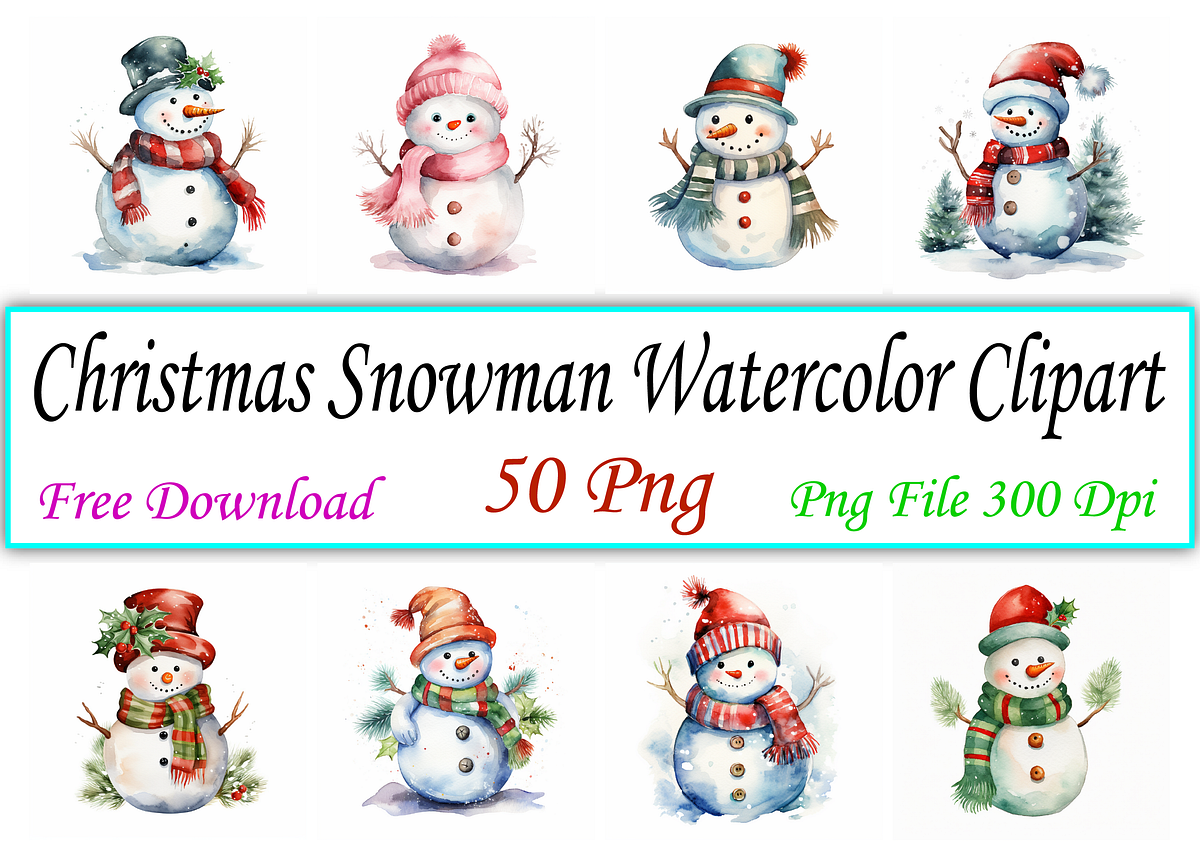 50 Christmas Snowman Watercolor Clipart - Datadoodle - Medium