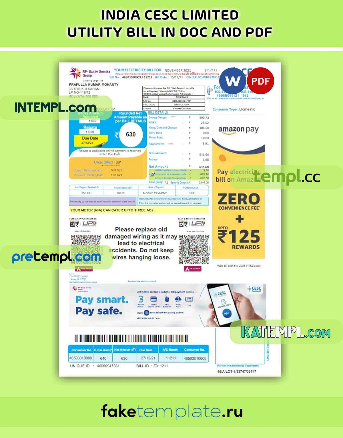 INDIA CESC LIMITED utility bill, PDF and Word download template | by ...