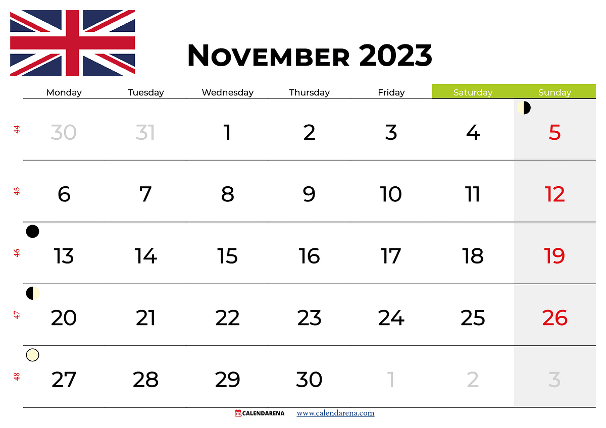 Free November 2023 Calendar UK with holidays | by Calendarena | Oct ...