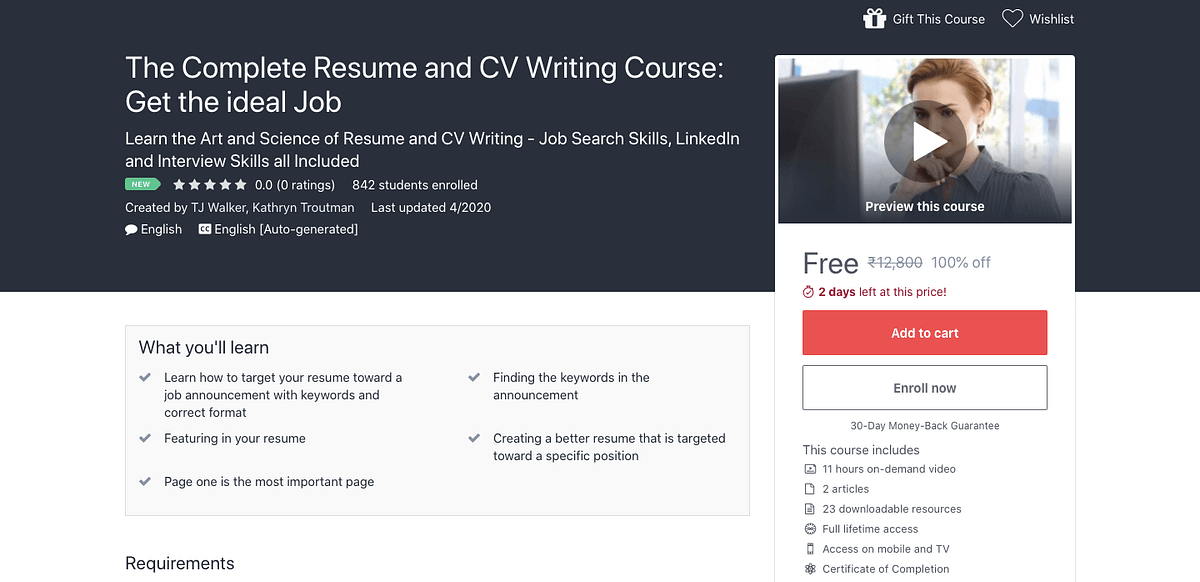 The Complete Resume and CV Writing Course: Get the ideal Job. | FREEE ...