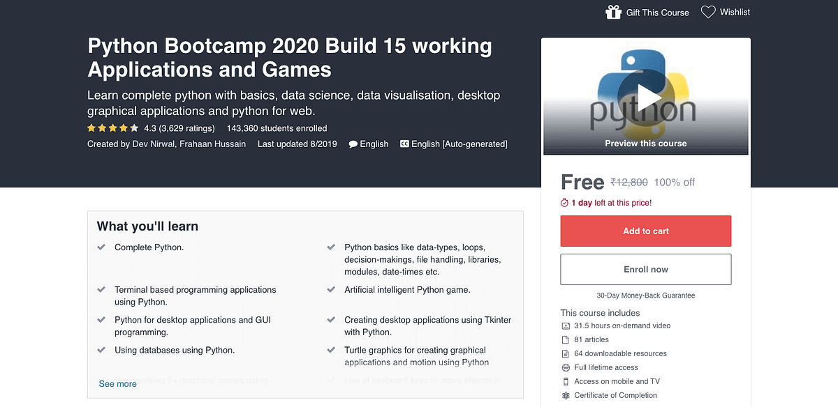 Python Bootcamp 2020 Build 15 working Applications and Games | 100% Off ...
