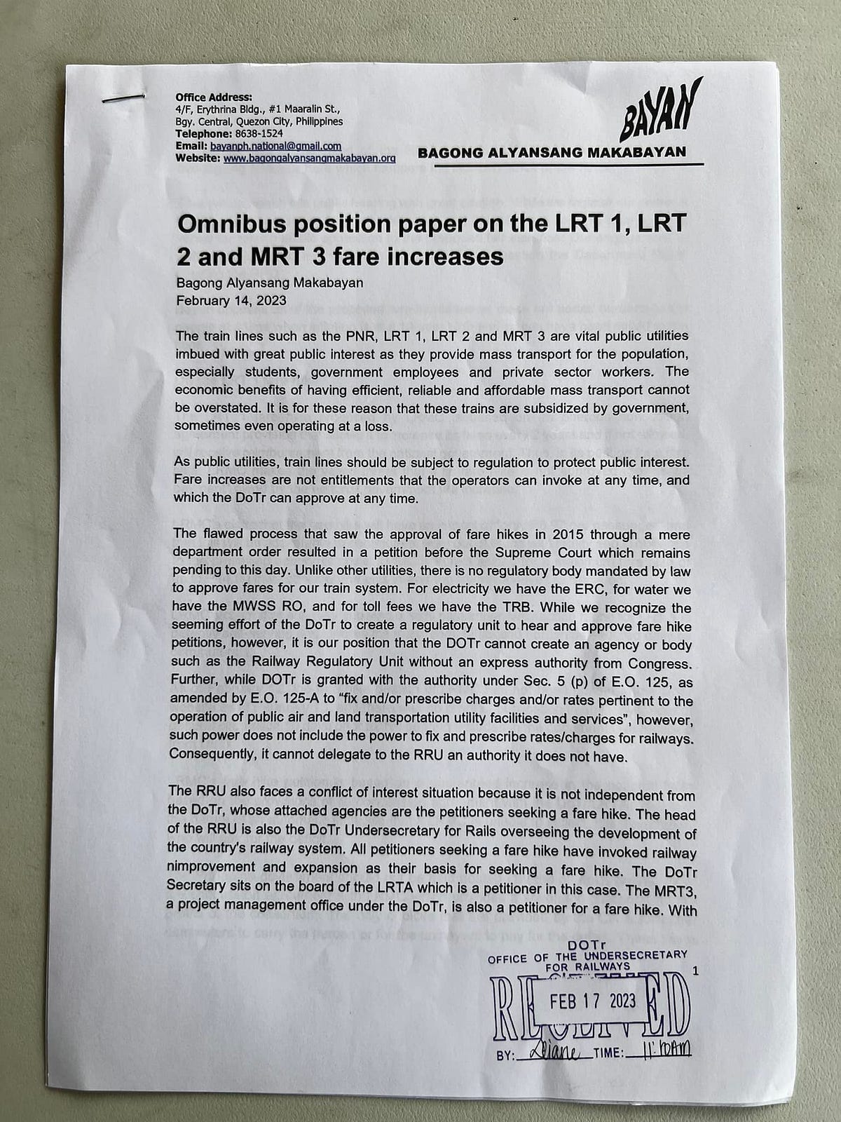Omnibus position paper on the LRT 1, LRT 2 and MRT 3 fare increases ...