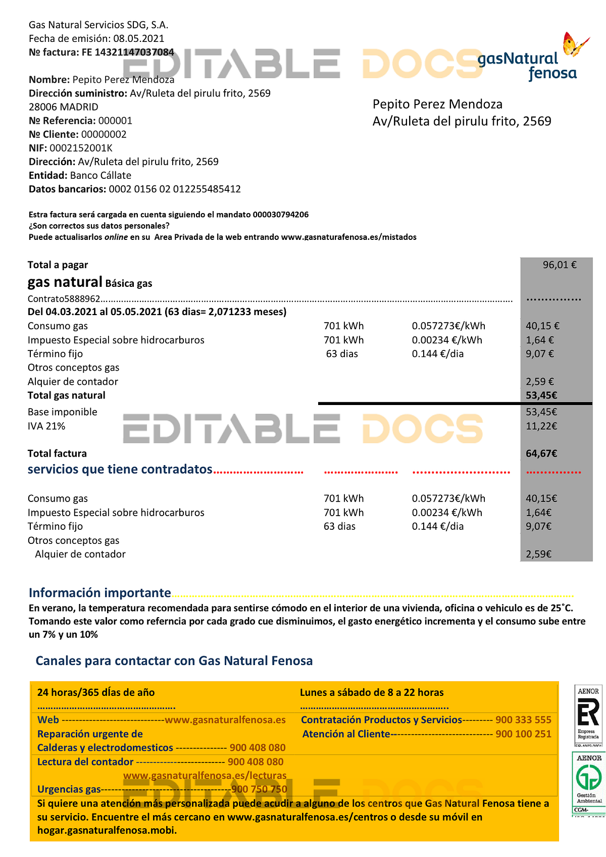 Spain gasNatural fenosa utility bill template in Word and PDF format ...