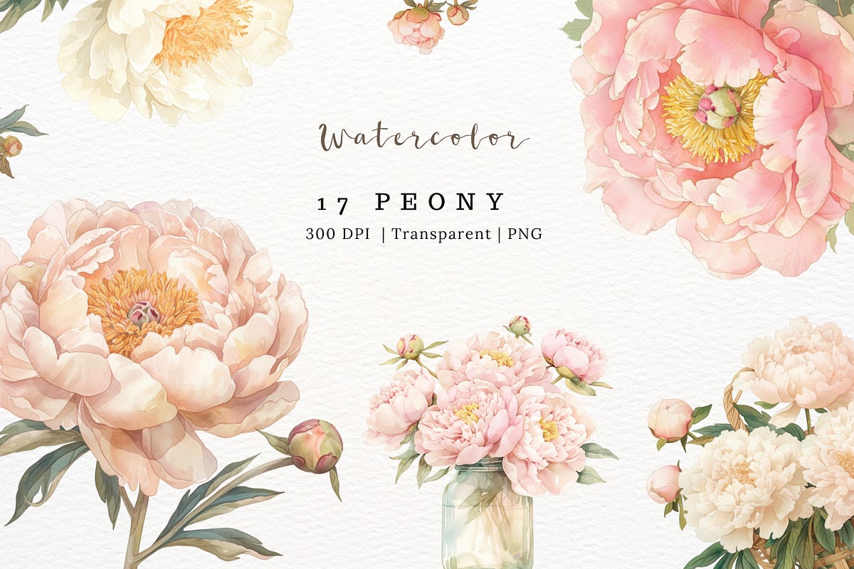 Vintage Peony Watercolor Clipart (Printable Illustrations) | by ...