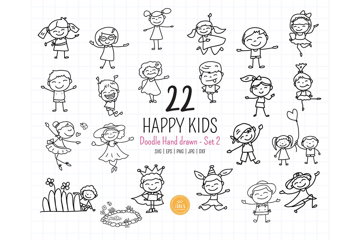 22 Hand Drawn Matchstick Happy Kids SVG (Printable Illustrations) | by ...