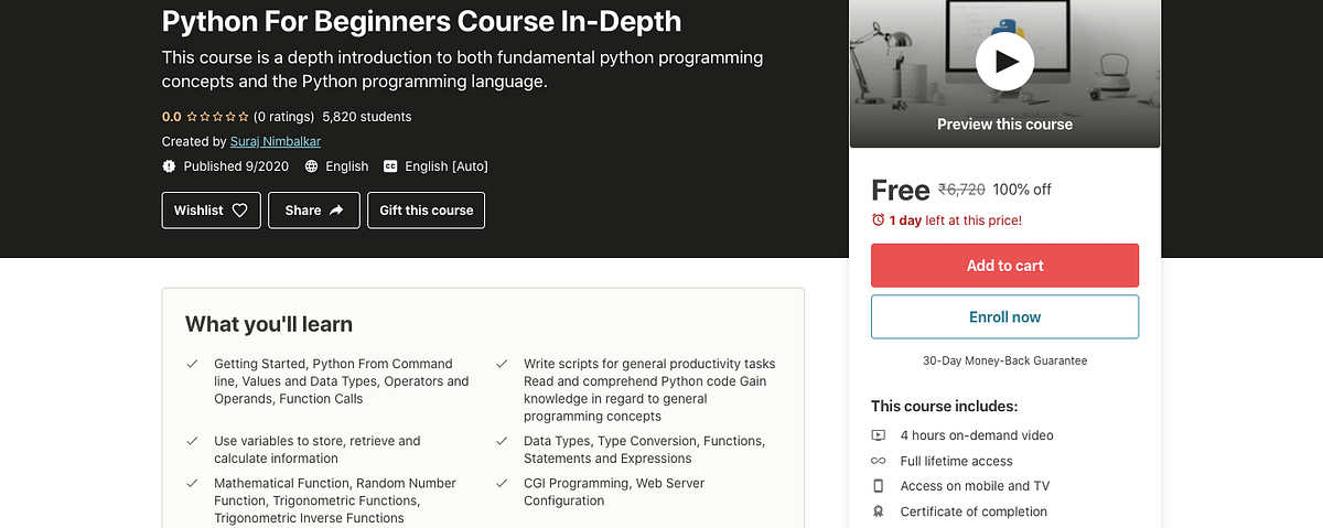 Python For Beginners Course In-Depth Free Certification Course Title: Python For Beginners ...