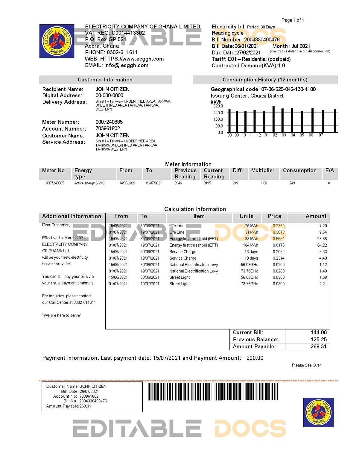Ghana Electricity Company of Ghana utility bill template in Word and PDF format - editable docs ...