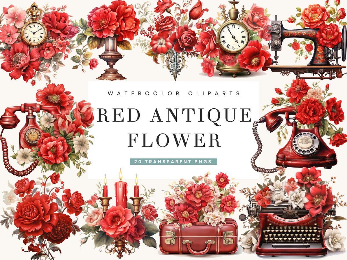 Watercolor Red Antique Clipart Bundle (Printable Illustrations) | by ...
