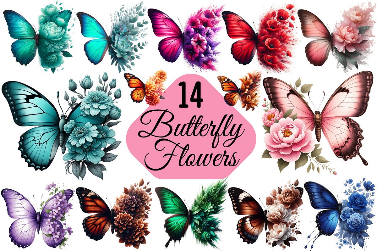 Butterfly & Flowers Sublimation Clipart (Printable Illustrations) | by ...