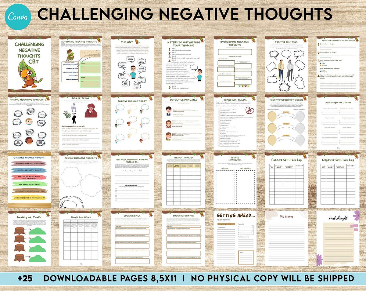 Challenging Negative Thoughts, CBT Editable Templates Worksheets, Self ...