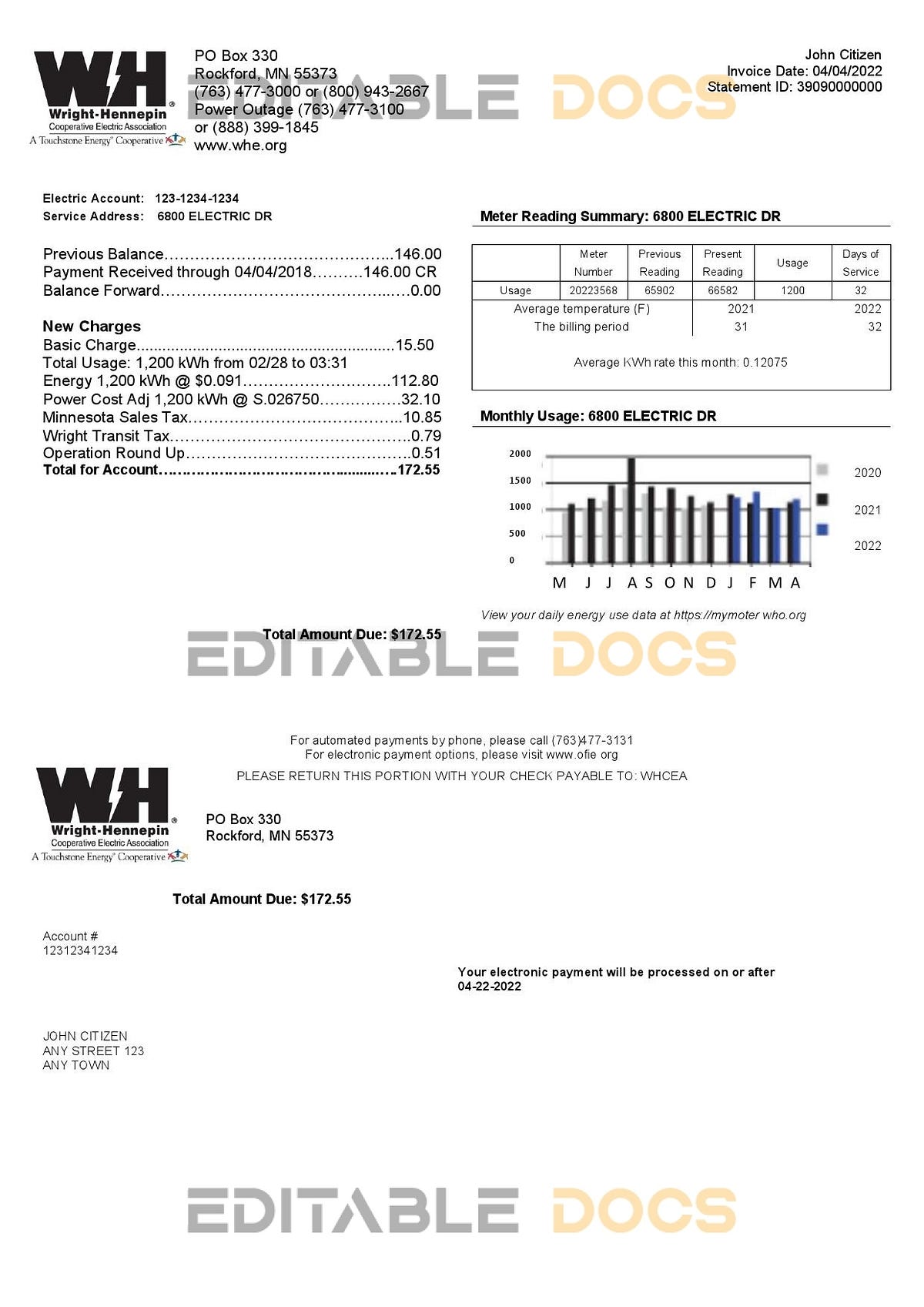 USA Minnesota Wright-Hennepin utility bill template in Word and PDF ...
