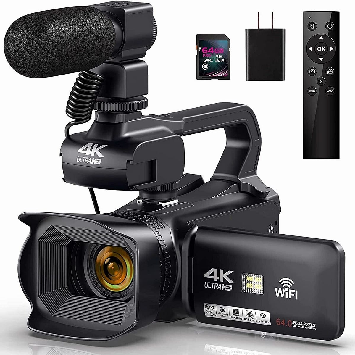 Camcorder 4K Video Camera 64MP 60FPS,HD Auto Focus Vlogging 4.0" Touch ...
