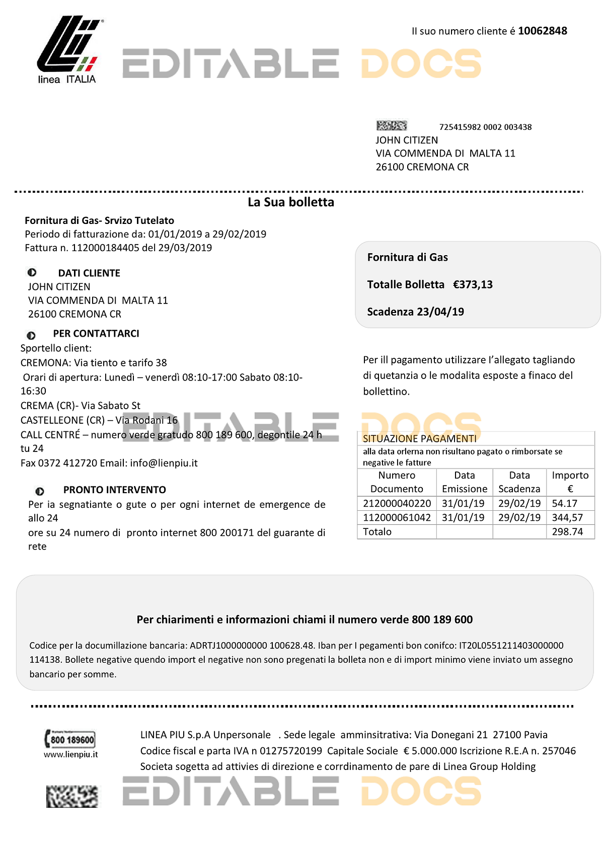 Italy Linea Italia utility bill template in Word and PDF format ...
