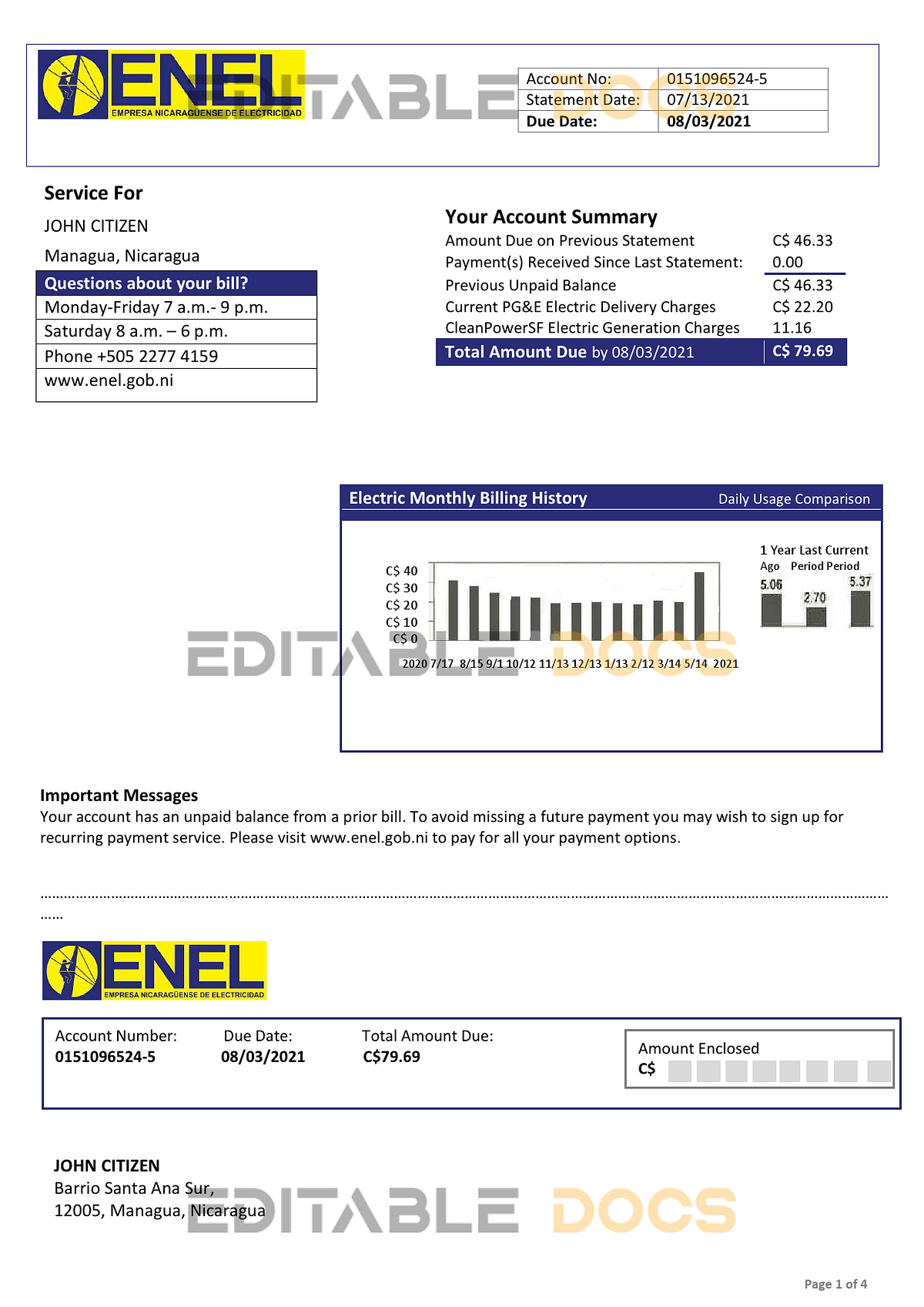 Nicaragua Nicaraguan Electricity Company ENEL electricity utility bill ...