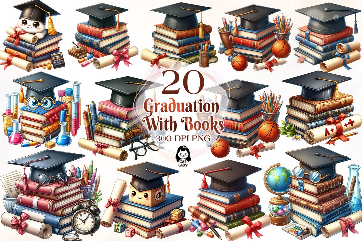 Graduation with Books Clipart Bundle (Printable Illustrations) | by ...