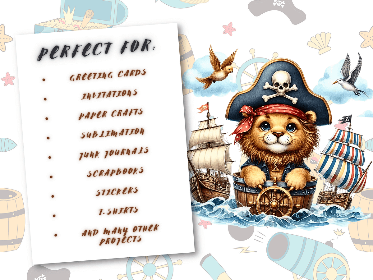 Cute Pirate Animals Clipart Pirate Png (Printable Illustrations) | by ...
