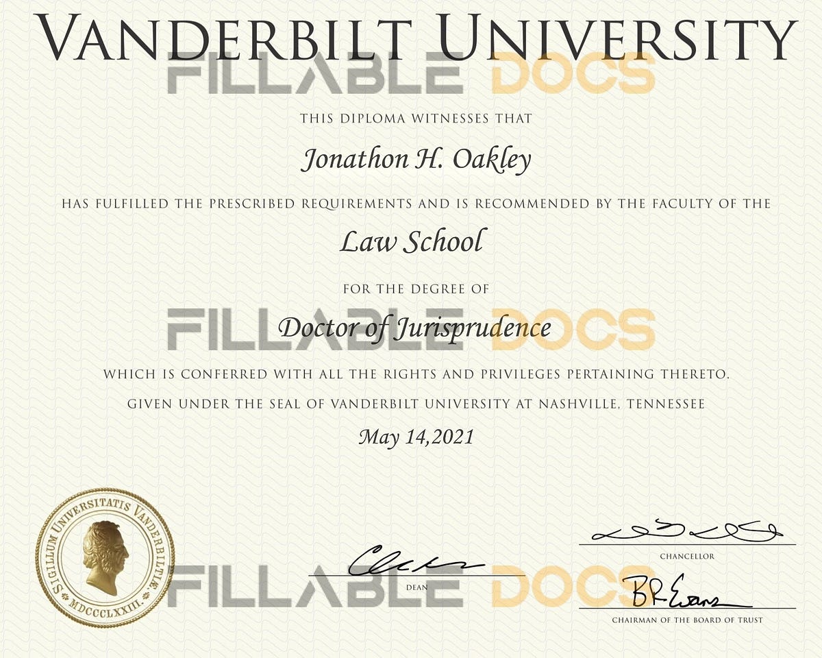 Fake Certificate from Vanderbilt University Template - Fillabledocs Cc ...