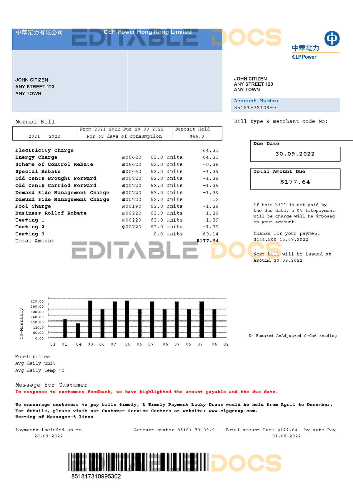 Hong Kong CLP Power Hong Kong Limited utility bill template in Word and ...