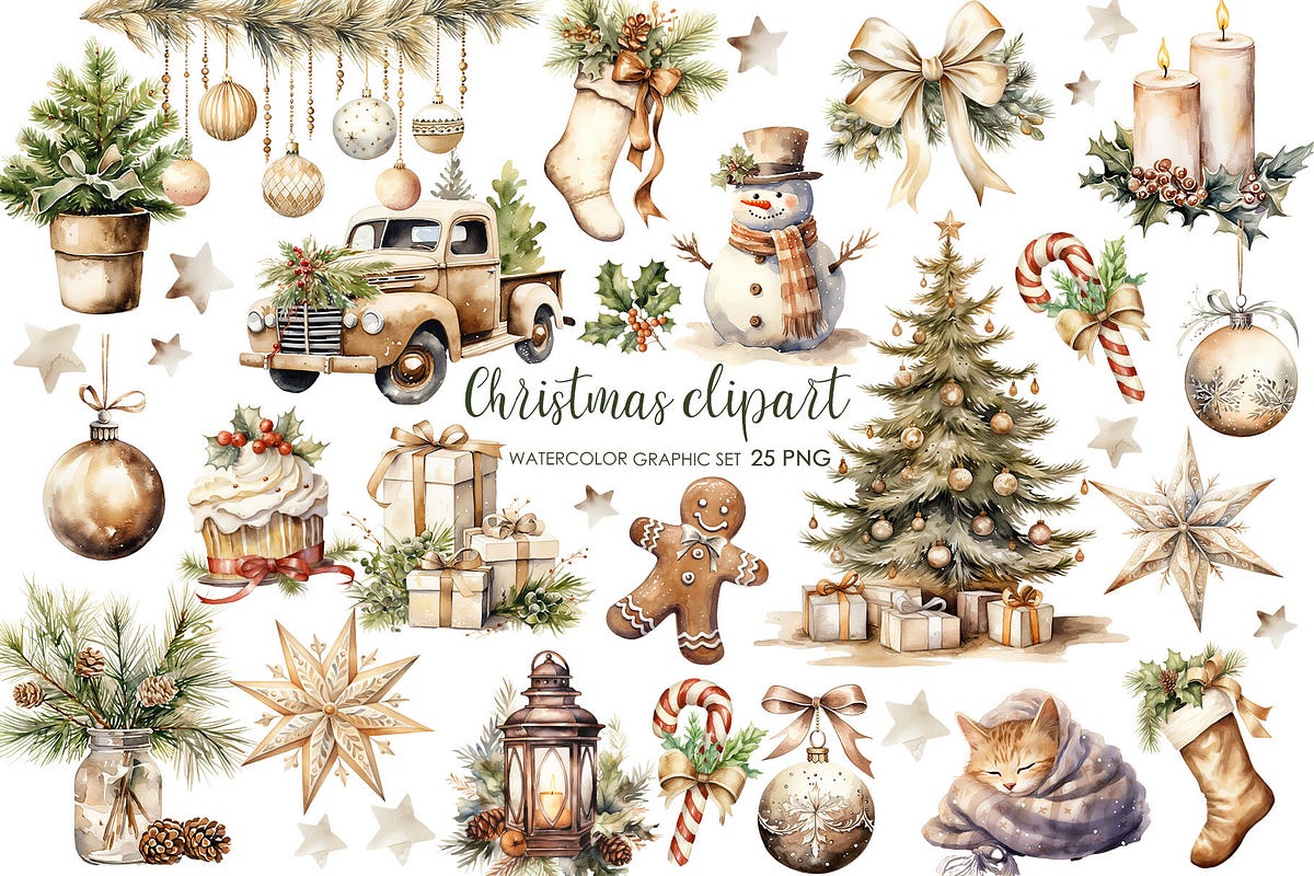 Vintage Christmas Watercolor Clipart - Leejunhe - Medium