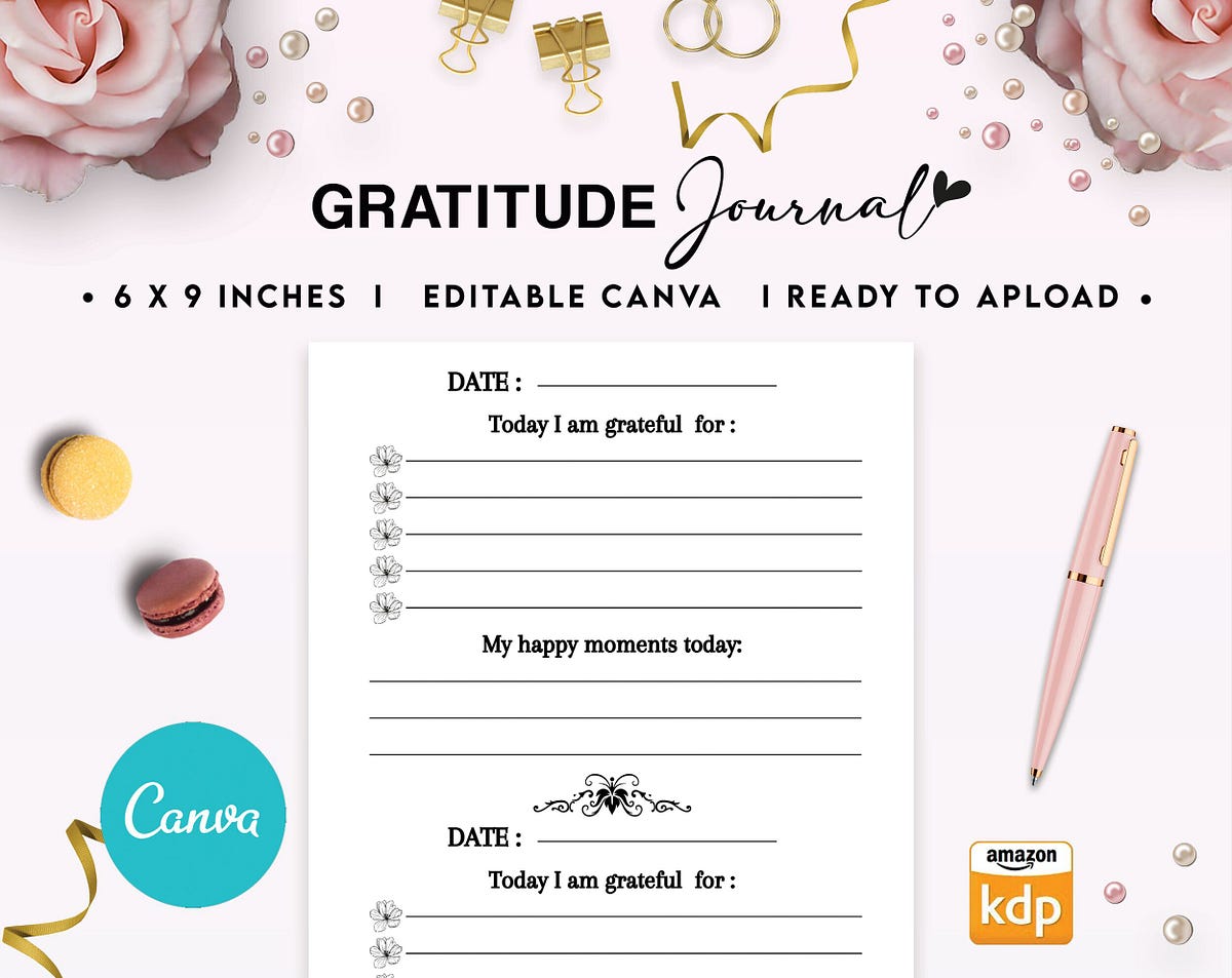 Gratitude Journal 6x9" Canva Editable Template, Canva KDP Adult ...