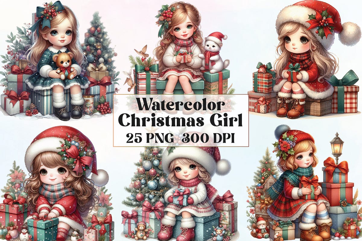 Watercolor Christmas Little Girl Clipart Free - Frostedfable - Medium