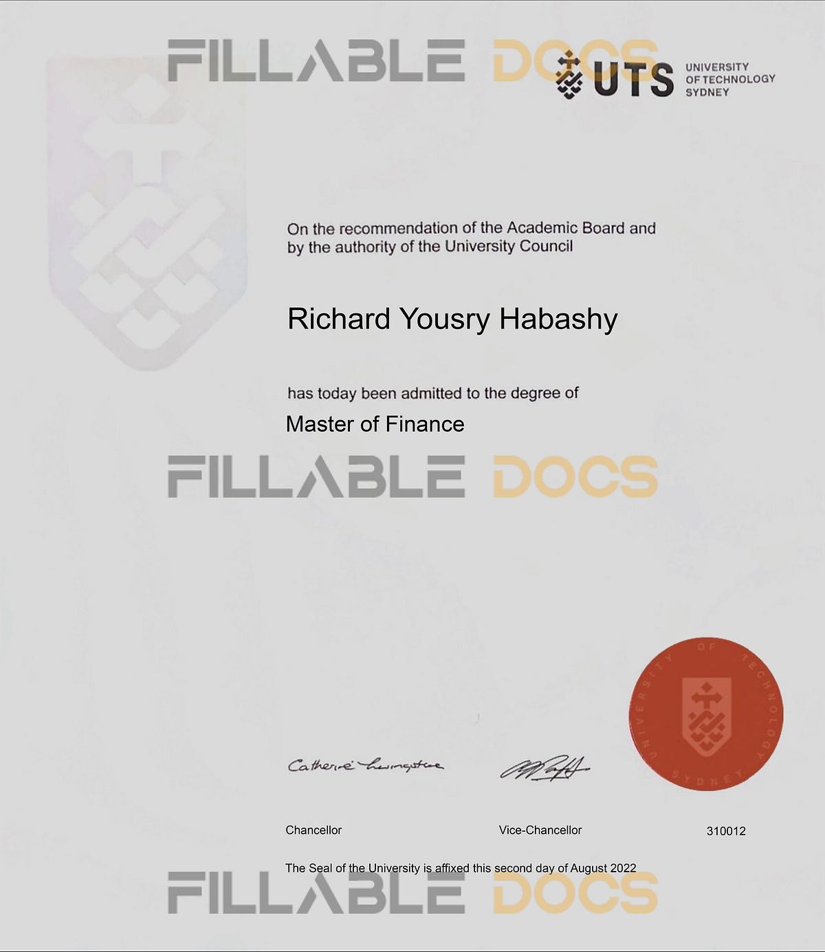 Fake Certificate from University Of Technology Sydney Template ...