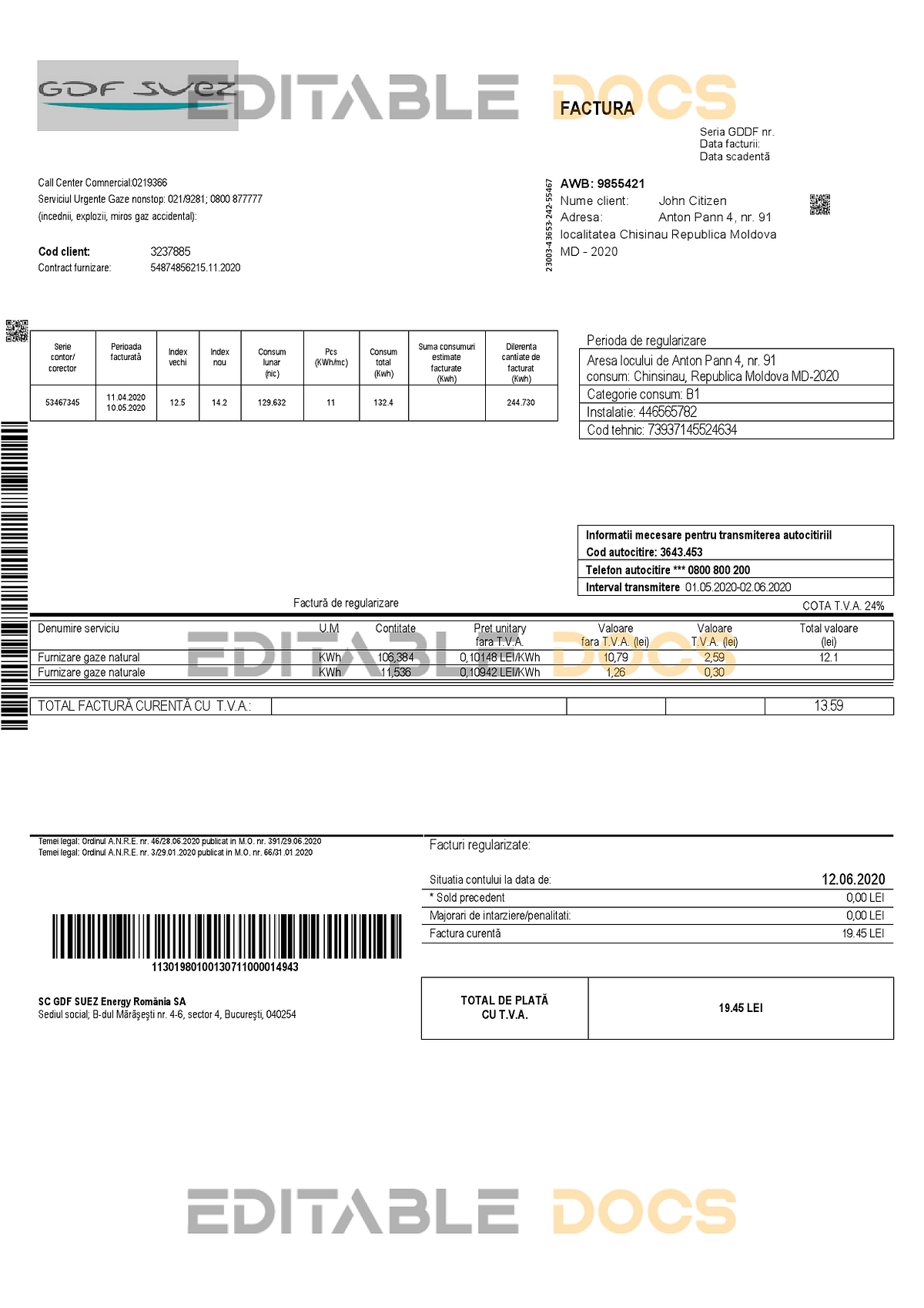 Moldova Gas utility bill template in Word and PDF format - editable ...