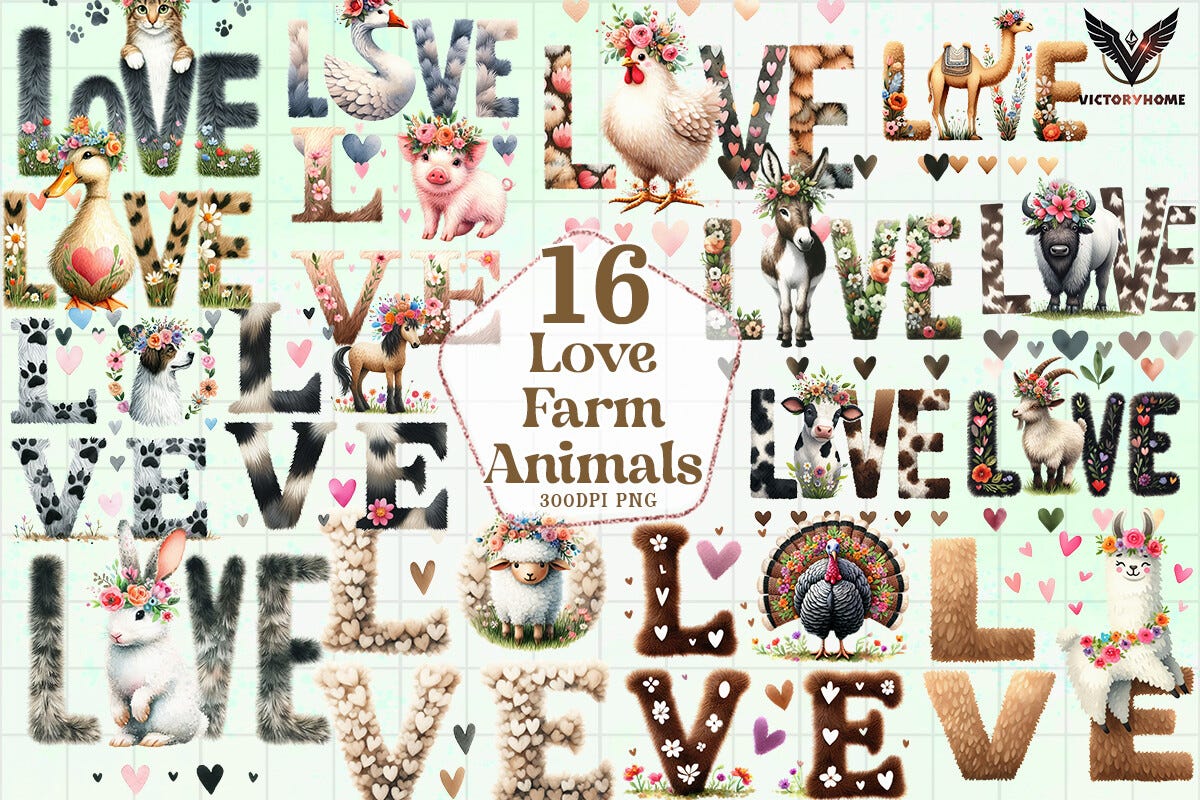 Love Farm Animals Clipart PNG Graphics (Printable Illustrations) | by ...