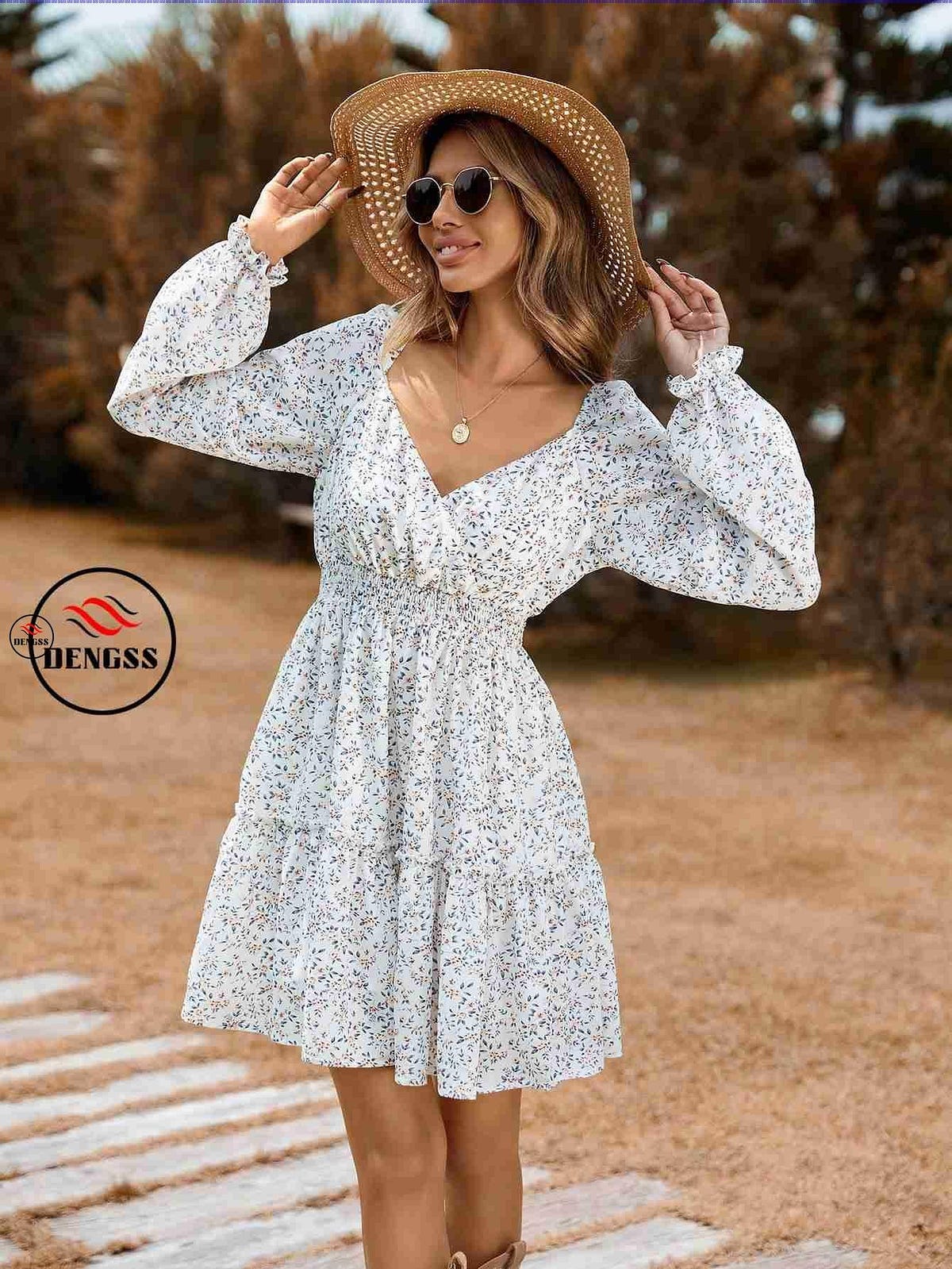 DENGSS VCAY Floral Print Wrap Waist Holiday Women’s Dress - Dengss - Medium