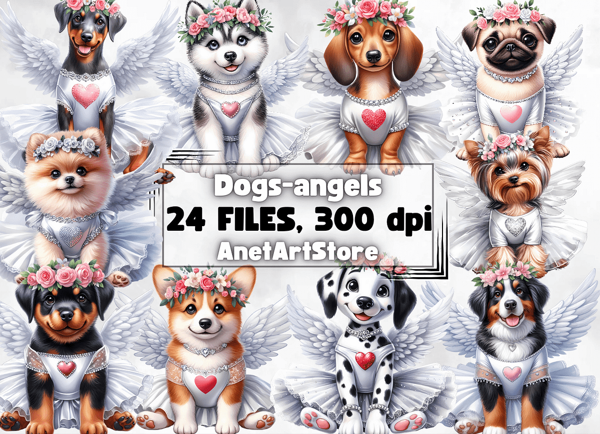 Dogs Angels Clipart Set (Printable Illustrations) | by Craftycarla ...