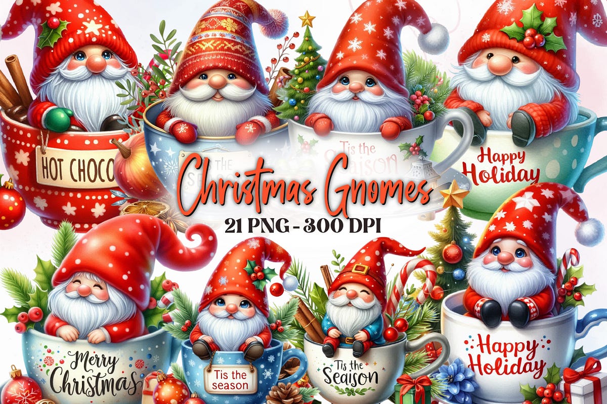 Watercolor Christmas Gnomes Clipart - Cyberceleste - Medium