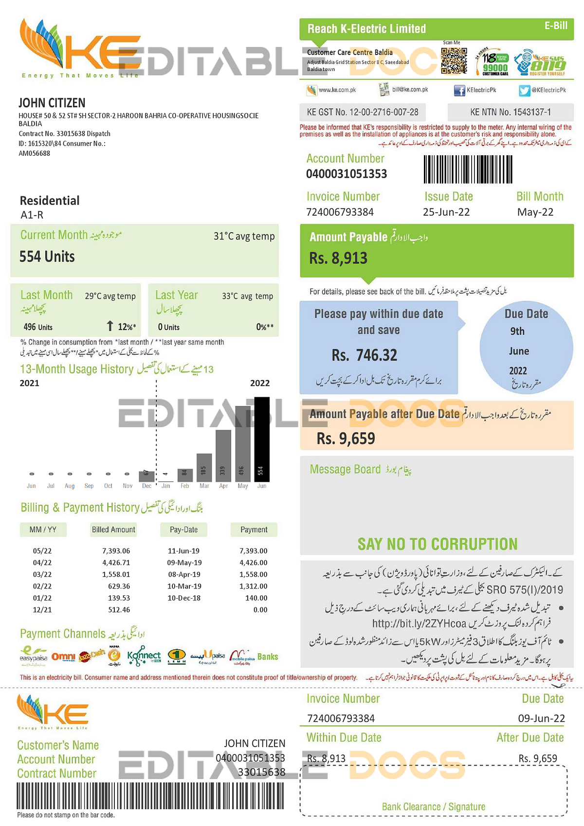 Pakistan KE Electricity bill template in Word and PDF format, 2 pages - editable docs - Medium