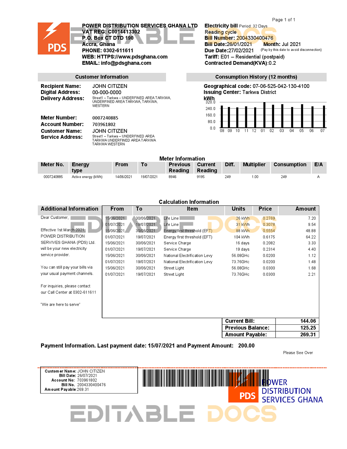 Ghana PDS electricity utility bill template in Word and PDF format ...