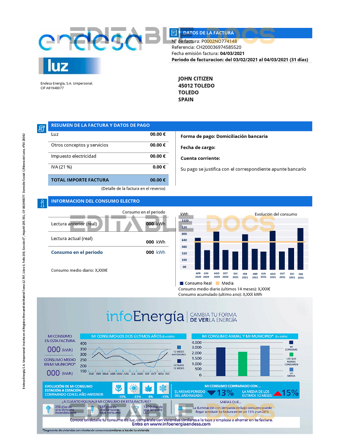 Spain Endesa luz utility bill template in Word and PDF format ...