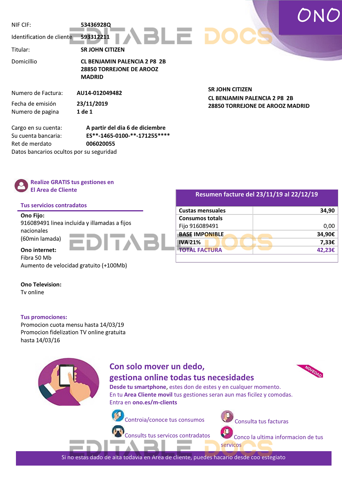 Spain ONO easy fillable utility bill template in Word and PDF format ...