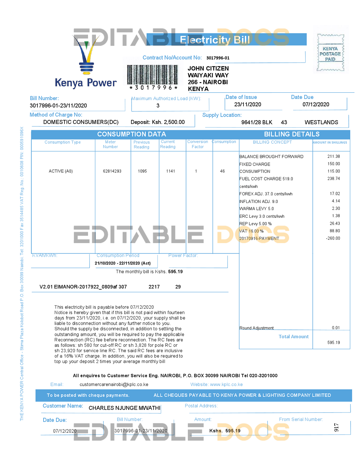 Kenya Power utility bill template in Word and PDF format - editable ...