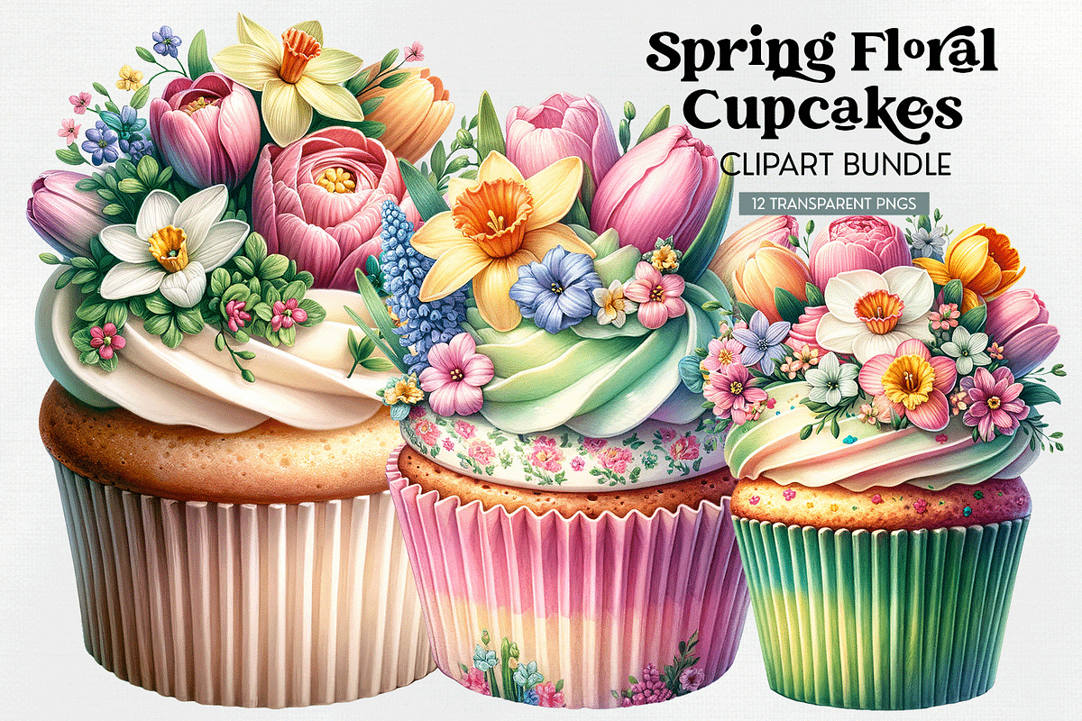 Spring Cupcake Clipart Bundle (AI Transparent PNGs) | by Leejunhe | Apr ...