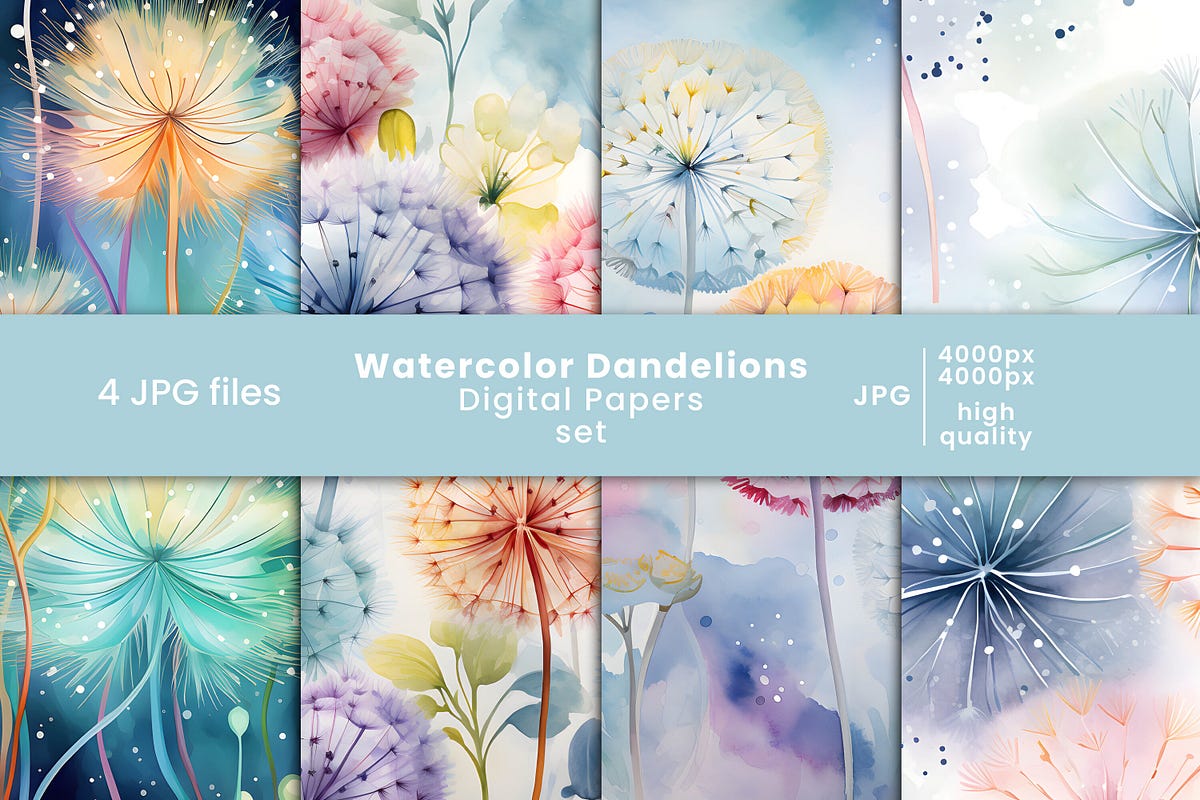 Watercolor Dandelions Digital Paper Set (Paper Patterns) | by Vectorval ...